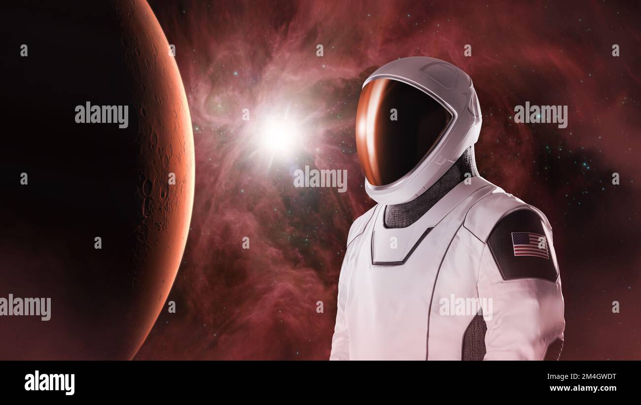 Spaceman with Mars planet in outer space. Exploration theme. Elements ...