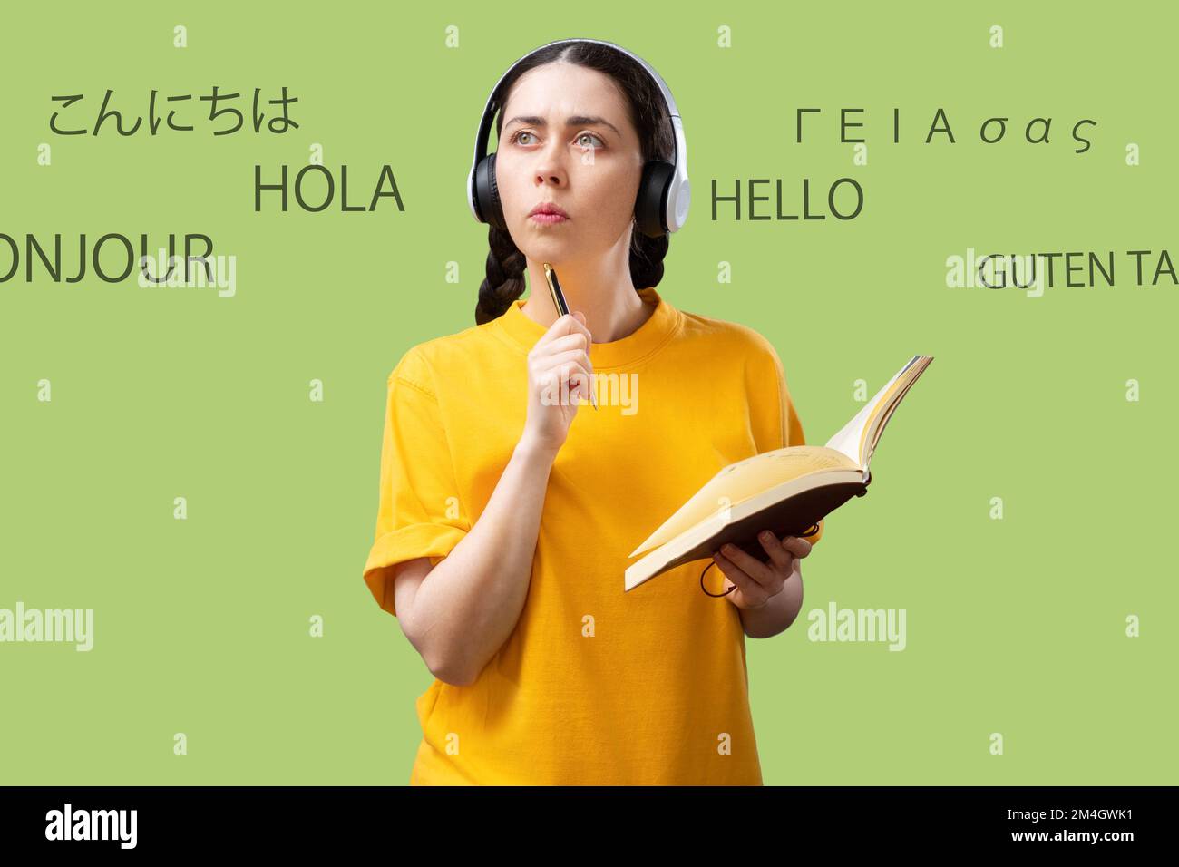 Interpreter. Portrait of thoughtful caucasian young woman wearing ...