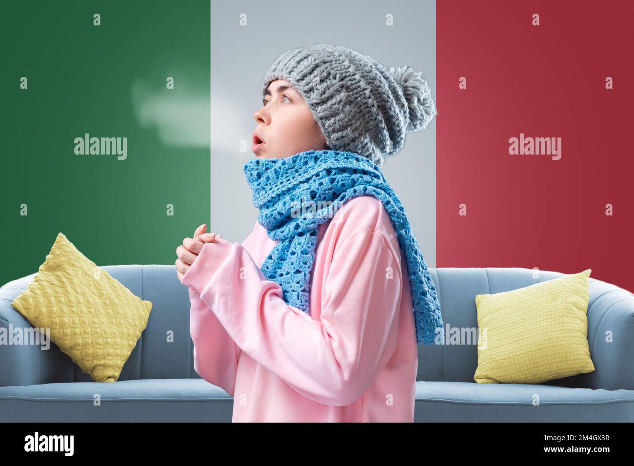 The energy crisis in Europe. An Italian woman in a hat and scarf is ...