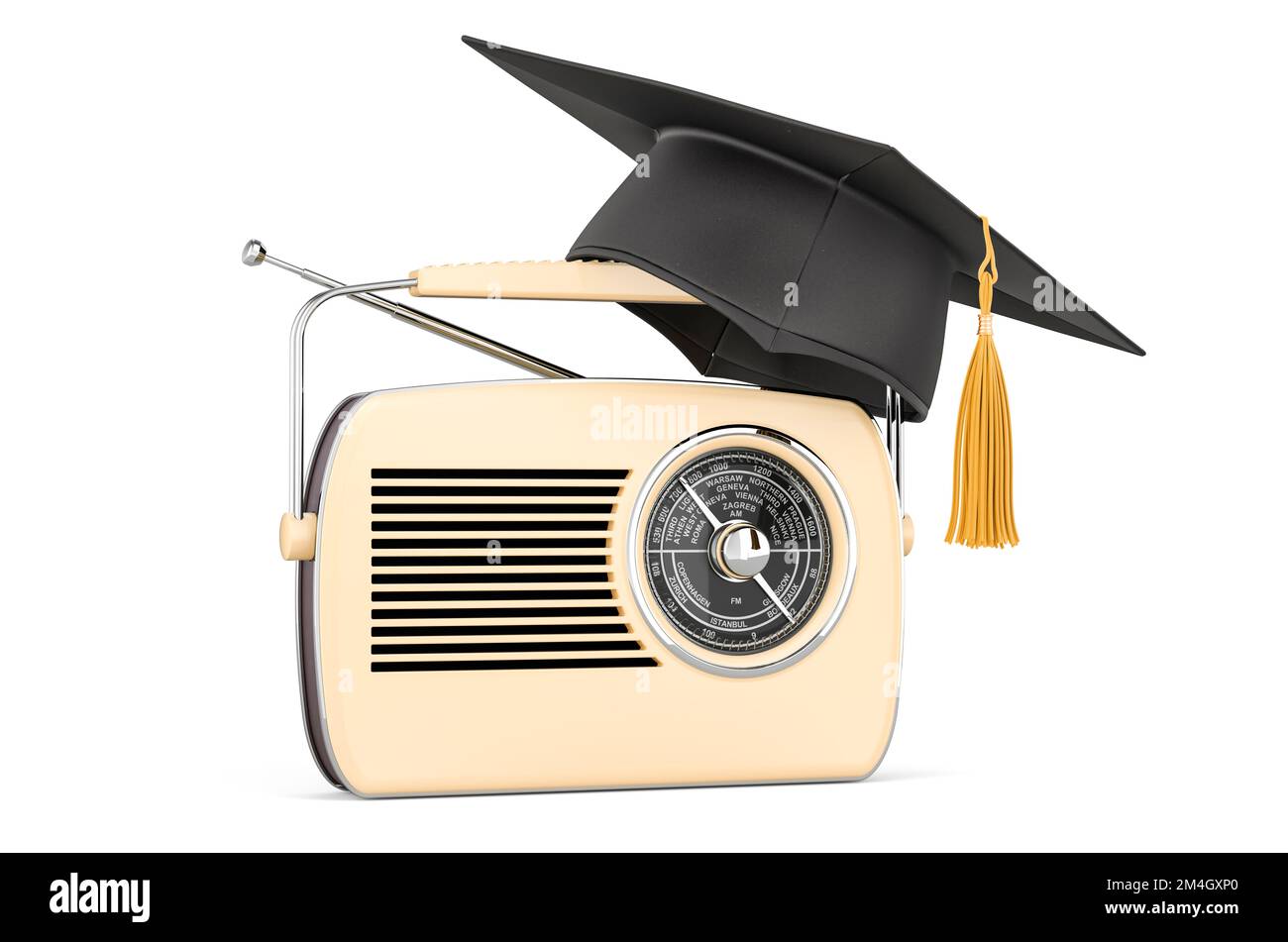 Retro receiver, radio with education cap, 3D rendering isolated on ...