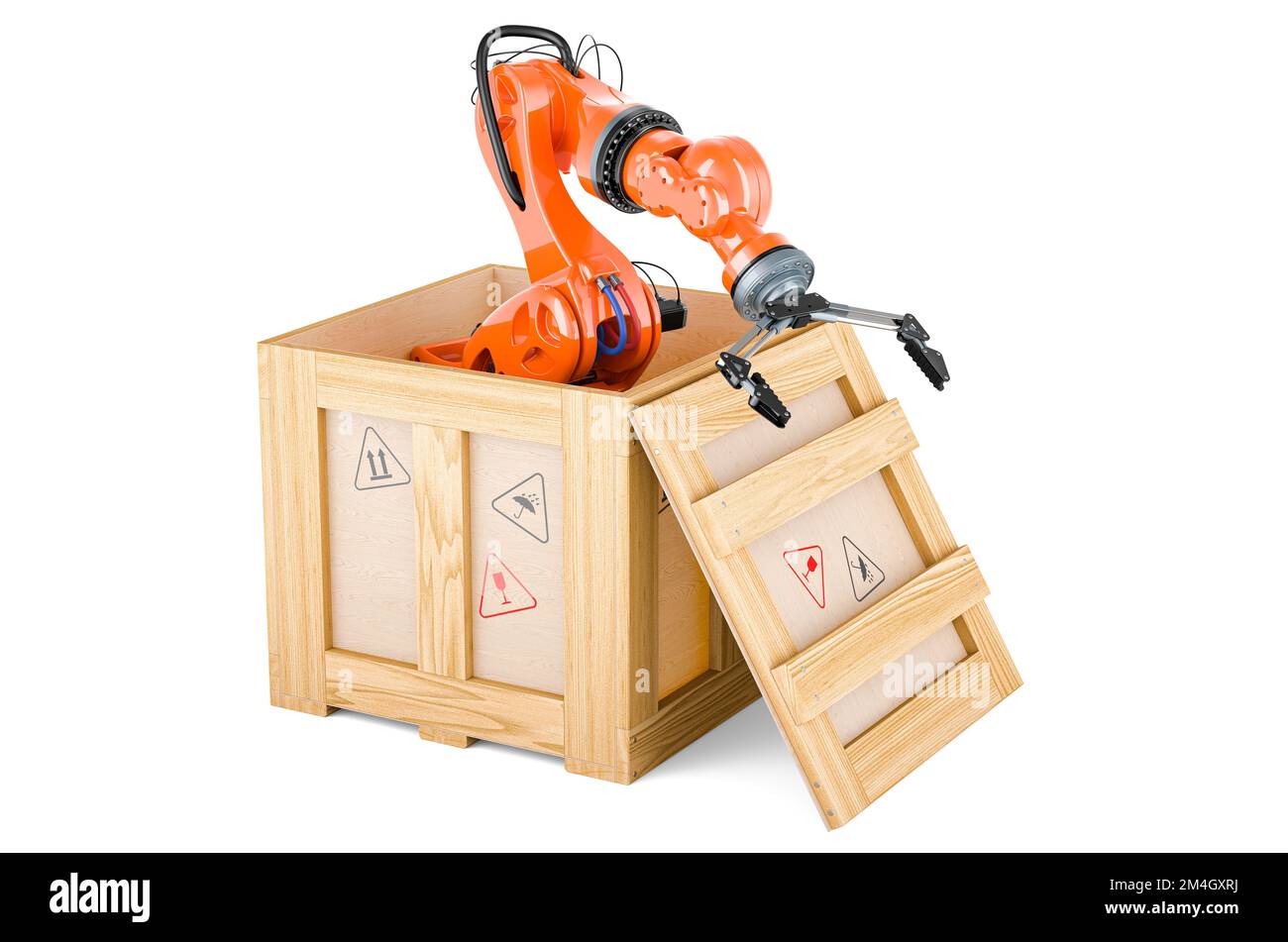Robotic arm inside wooden box, delivery concept. 3D rendering isolated ...
