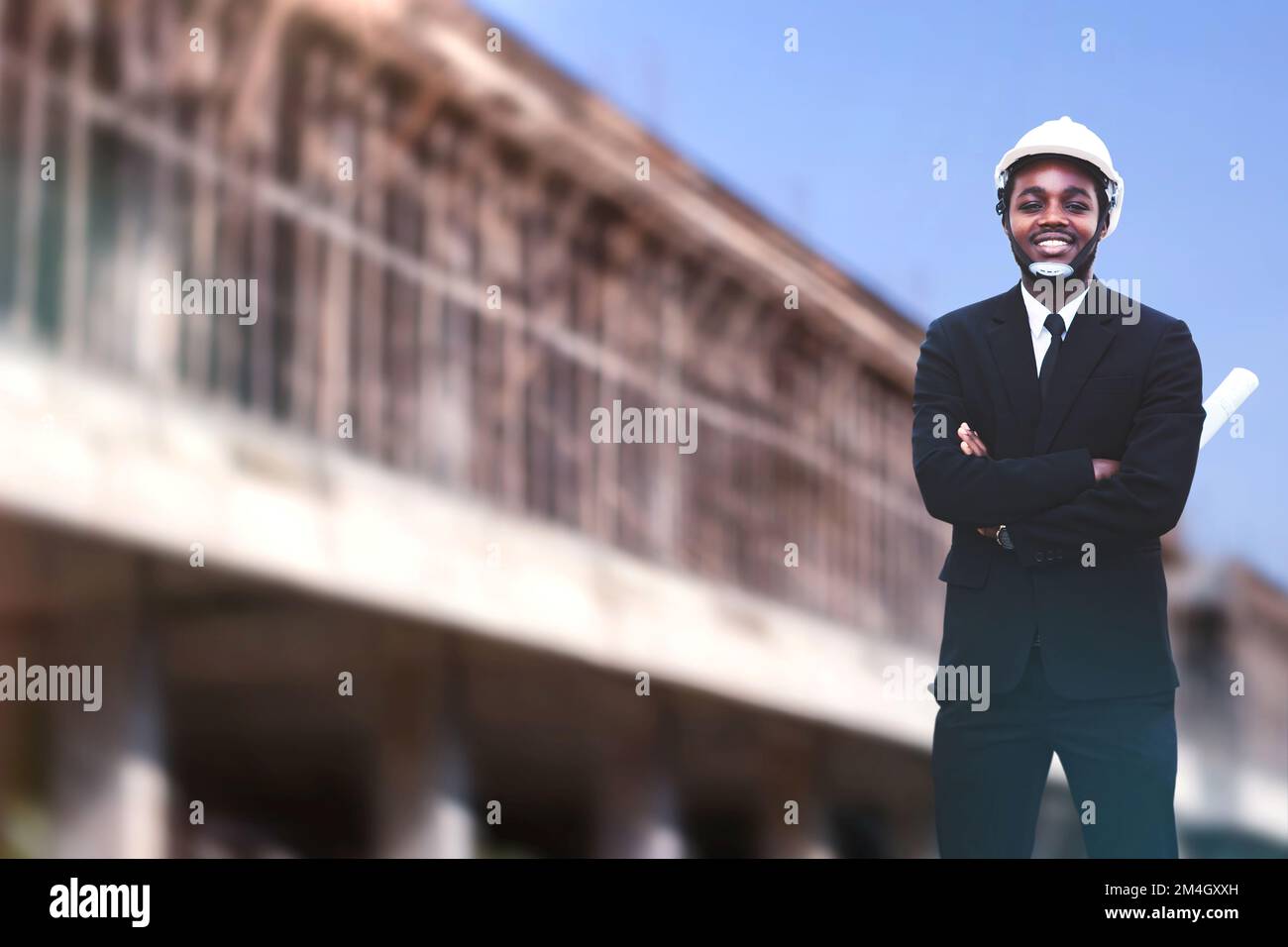 African architects engineer manager with holding blueprint work ...