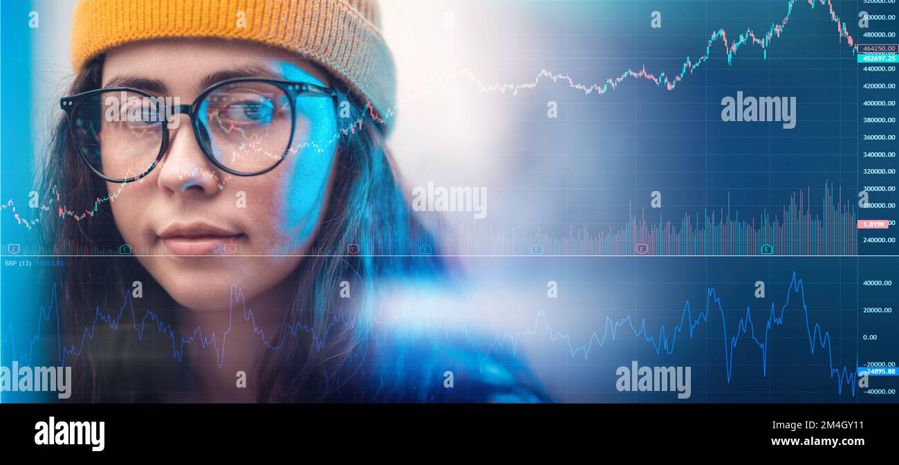 Web banner of stock trading. Closeup portrait of a young businesswoman ...