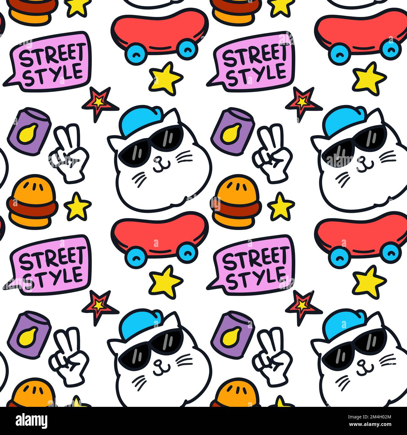 Doodle funny cat. skateboard and various objects illustration seamless ...