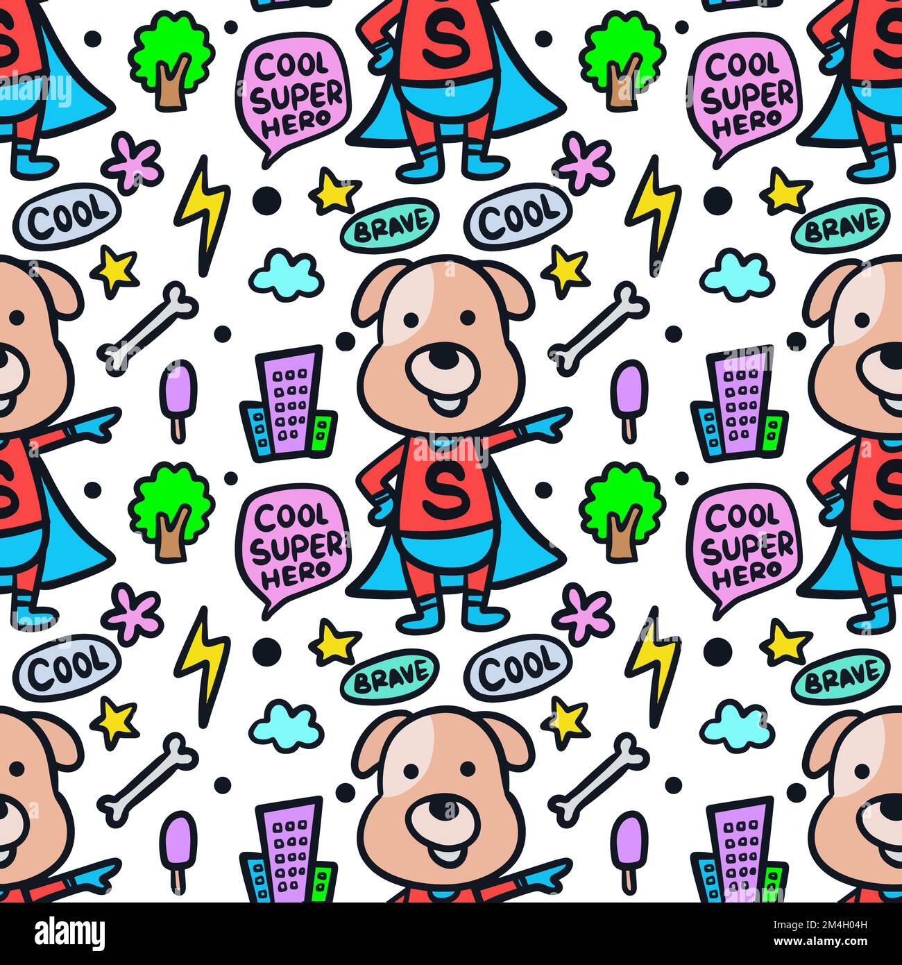 Funny little dog superhero with cute objects doodle cartoon ...