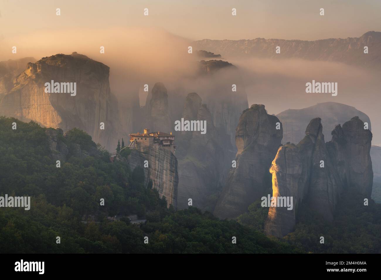Meteora, Greece-Panorama of mountain scenery of rocks and monasteries ...