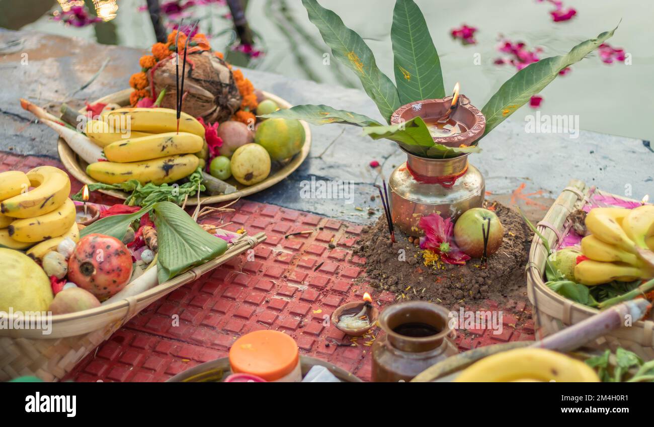 Hindu religious offerings for sun god during Chhath festival from ...