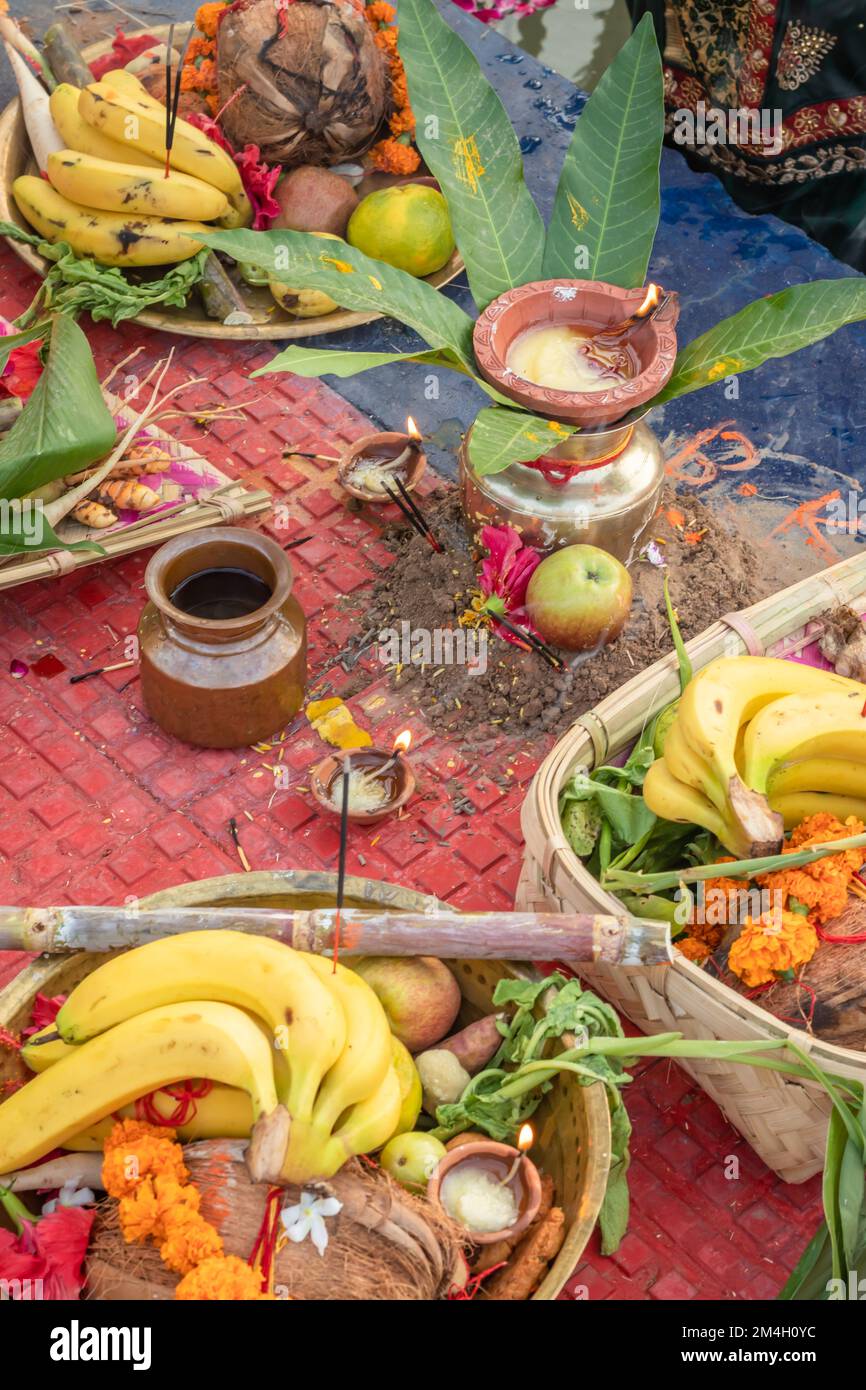 Hindu religious offerings for sun god during Chhath festival from ...