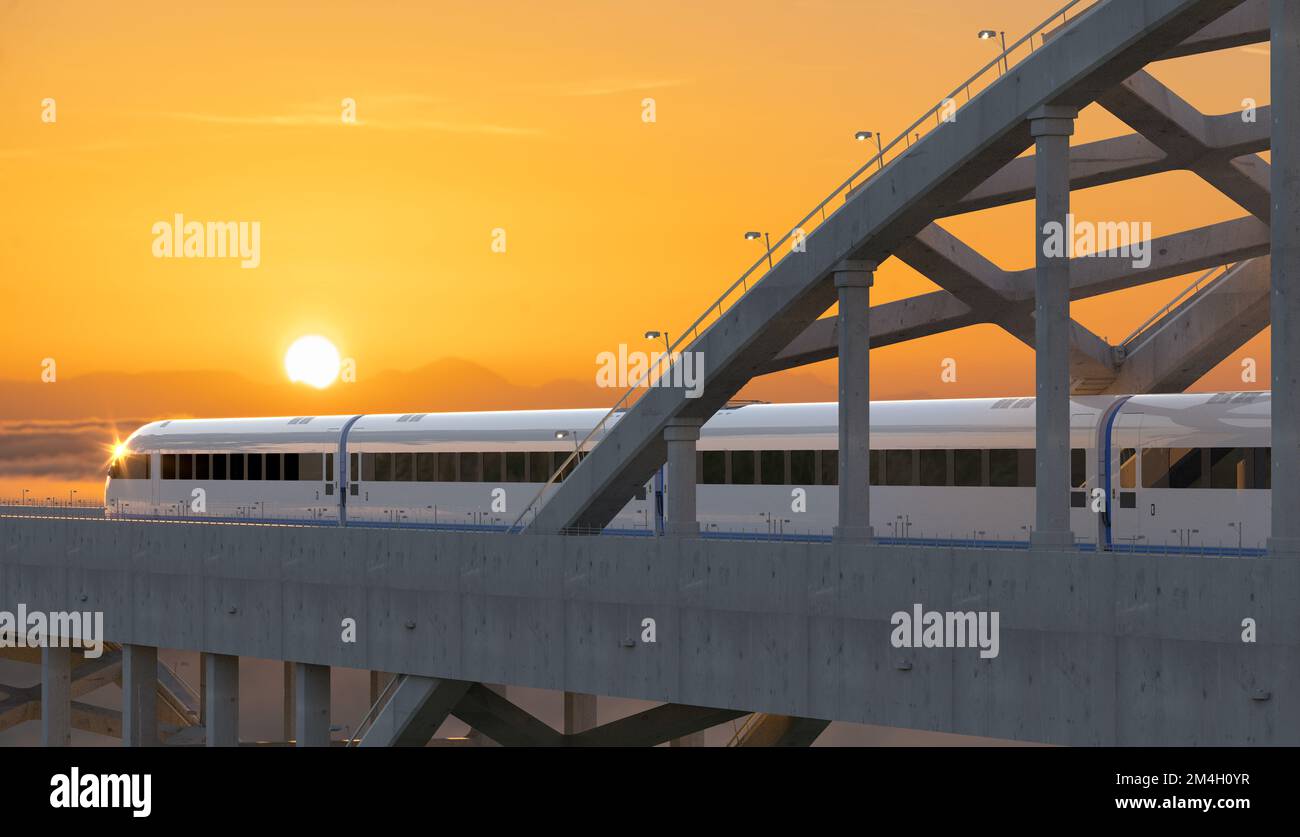 Modern high-speed train traveling on a concrete bridge Stock Photo - Alamy