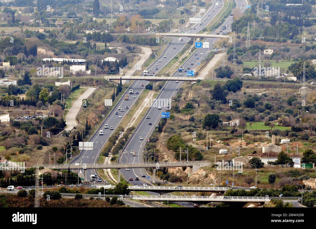 Aerial view of the Palma-Alcudia highway (Ma-13), passing through Inca ...