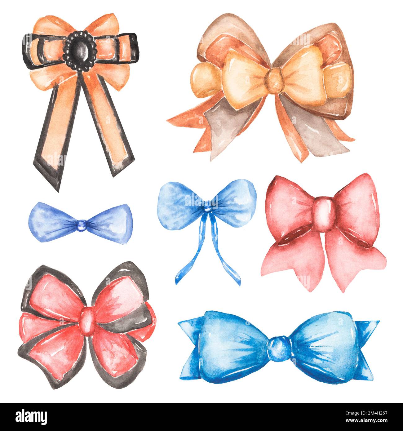 Watercolor hand painted silk ribbon bows illustration. Festive tie ...