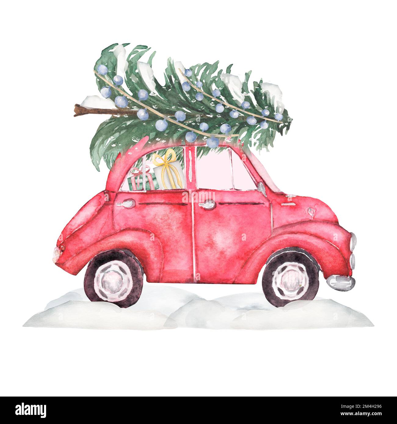 Watercolor hand painted red Christmas car with a Christmas tree in the ...