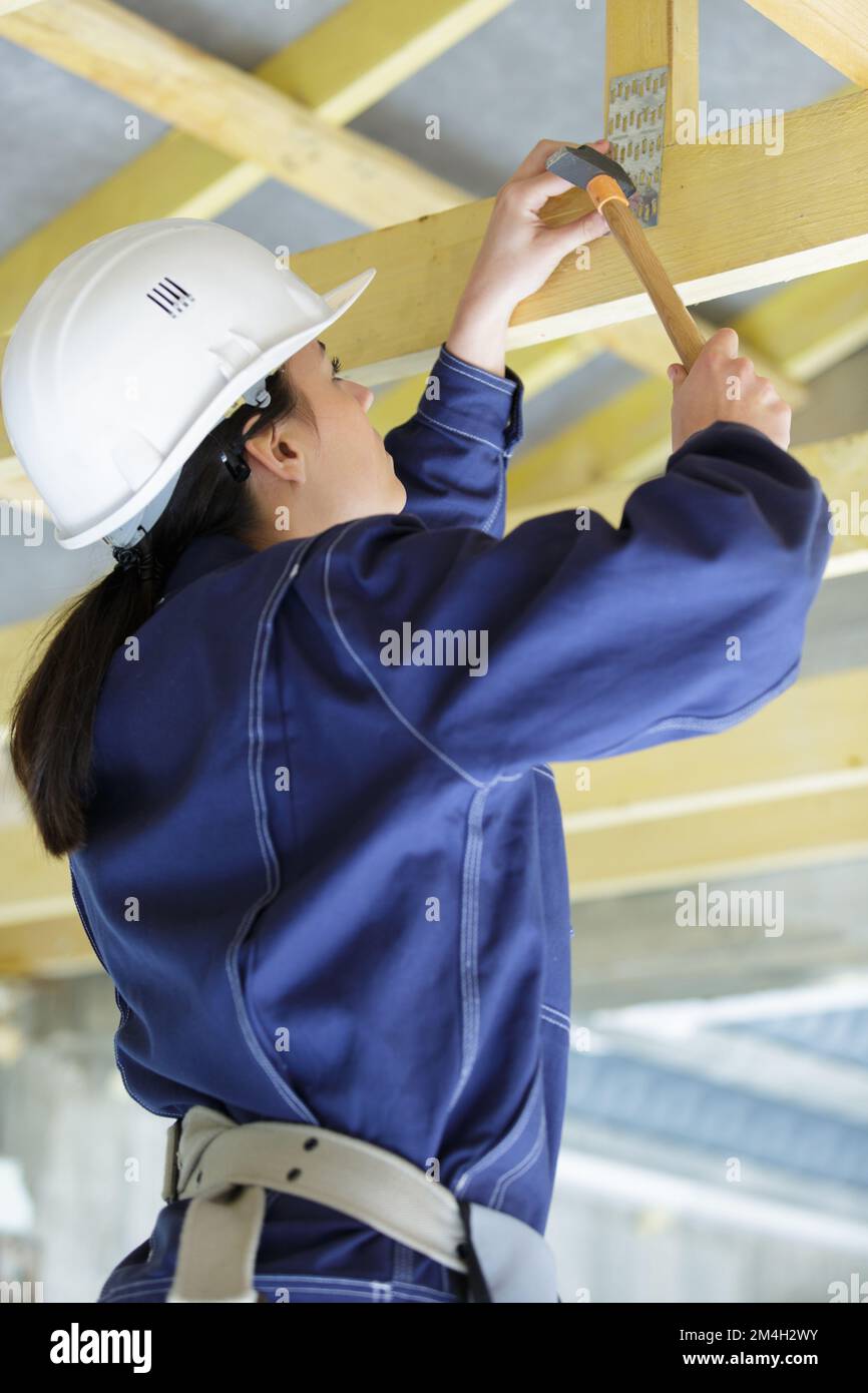 pretty female carpenter using wood hammer for wood Stock Photo - Alamy