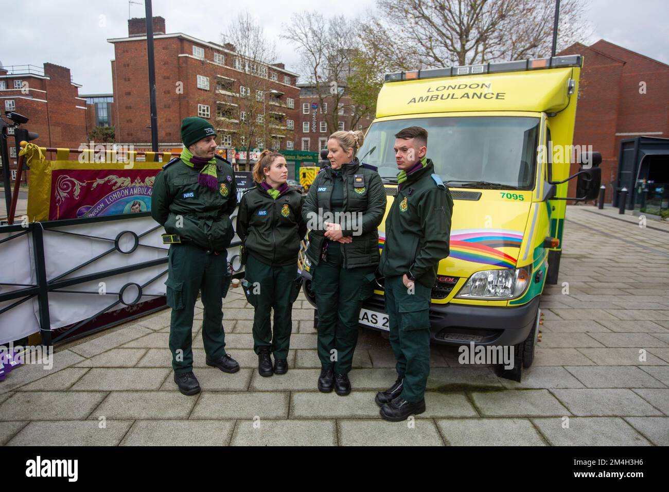 London, England, UK. 21st Dec, 2022. Ambulance workers are seen at ...