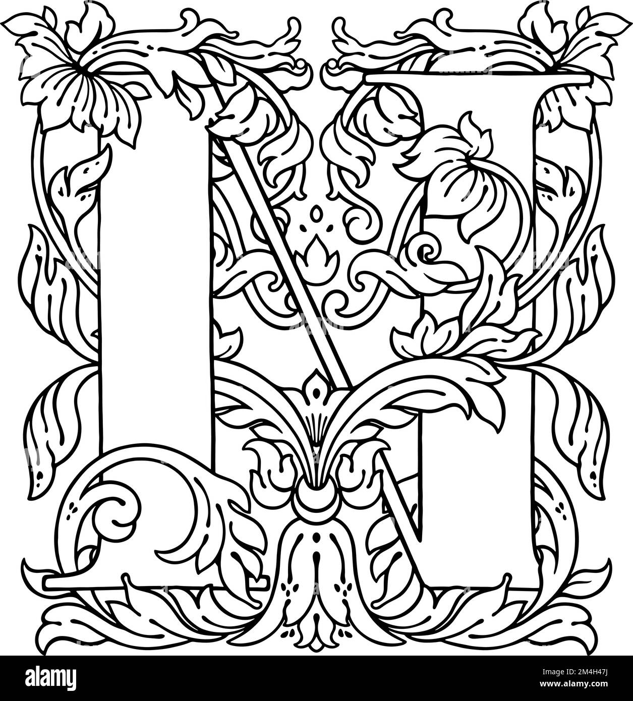letter N flower ornament Monogram alphabet. Beautiful floral capital ...