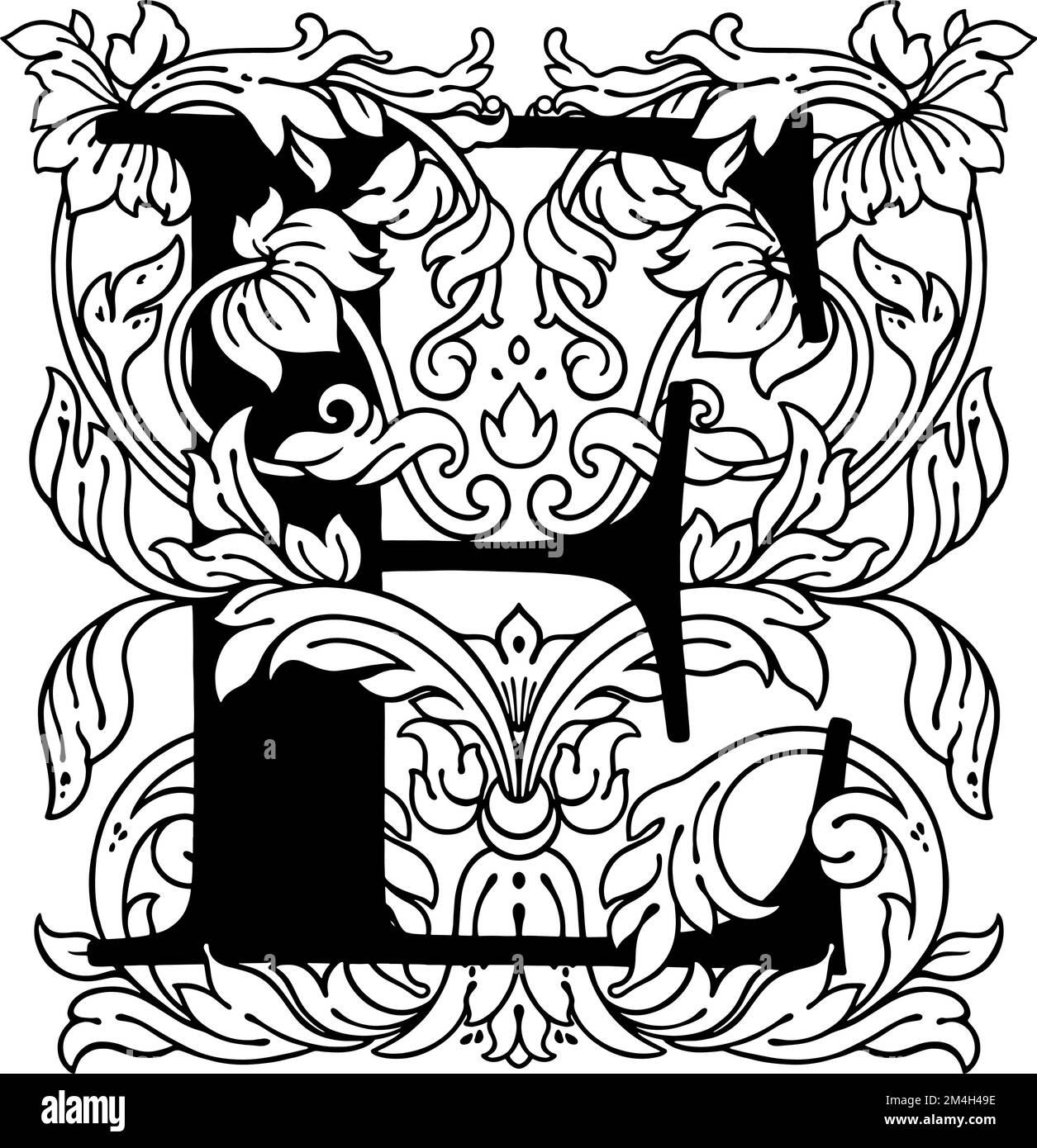 letter E flower ornament Monogram alphabet. Beautiful floral capital ...