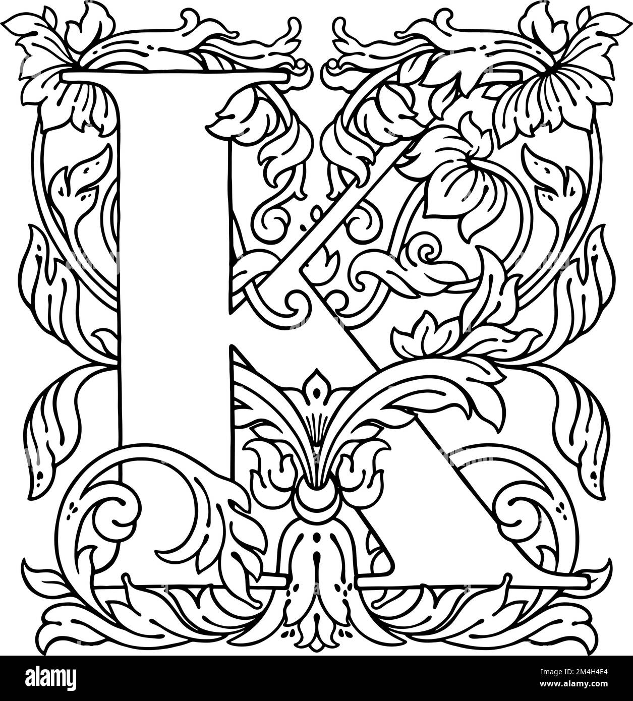 letter K flower ornament Monogram alphabet. Beautiful floral capital ...