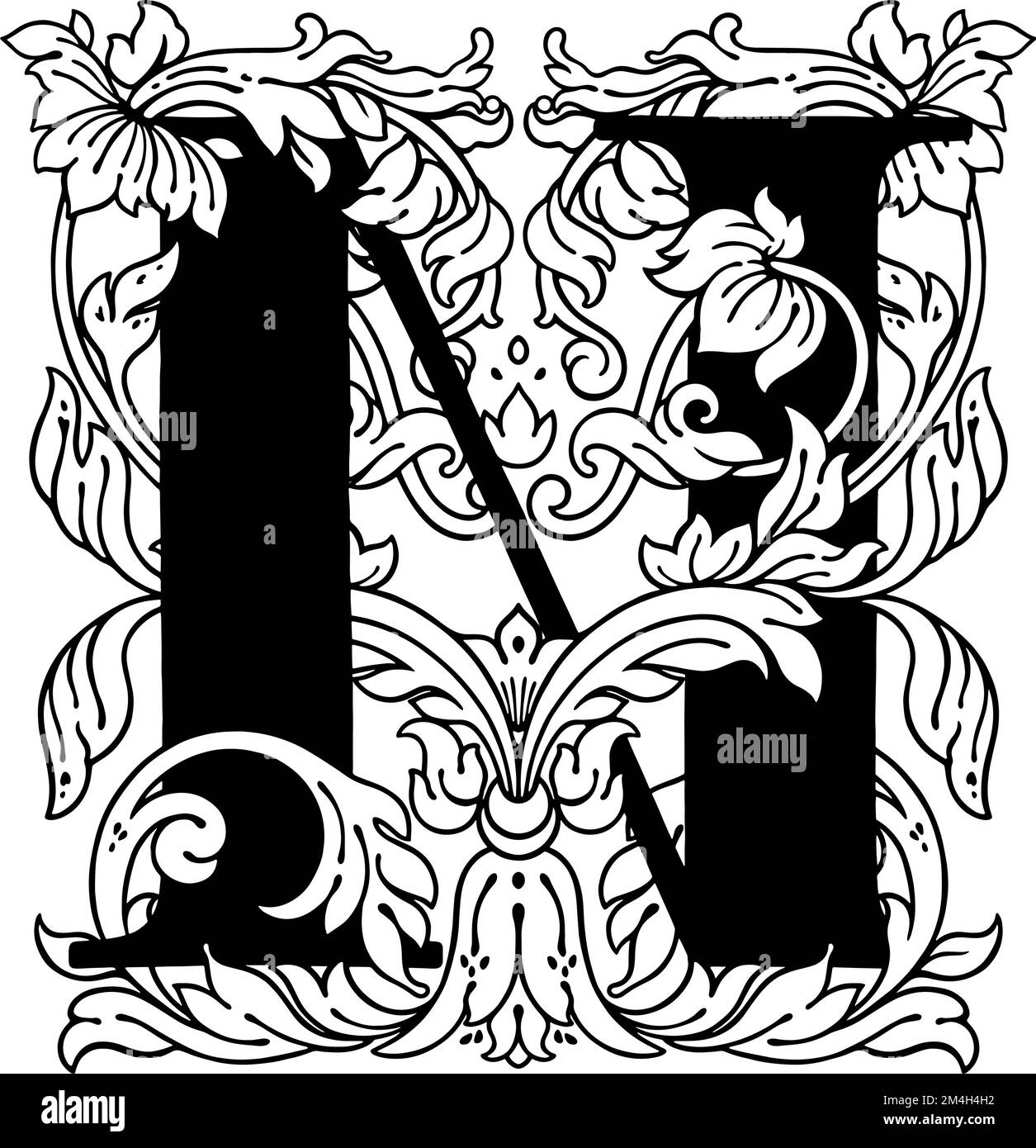 letter N flower ornament Monogram alphabet. Beautiful floral capital ...