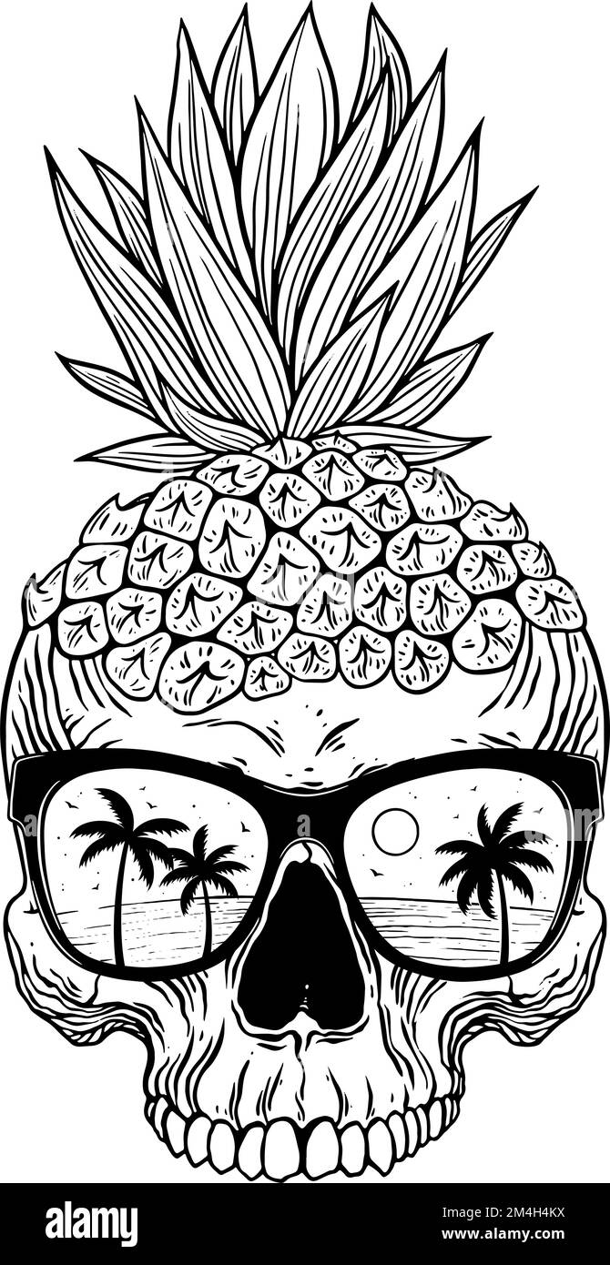 Pineapple skull head with sunglasses tropical style vector illustration ...