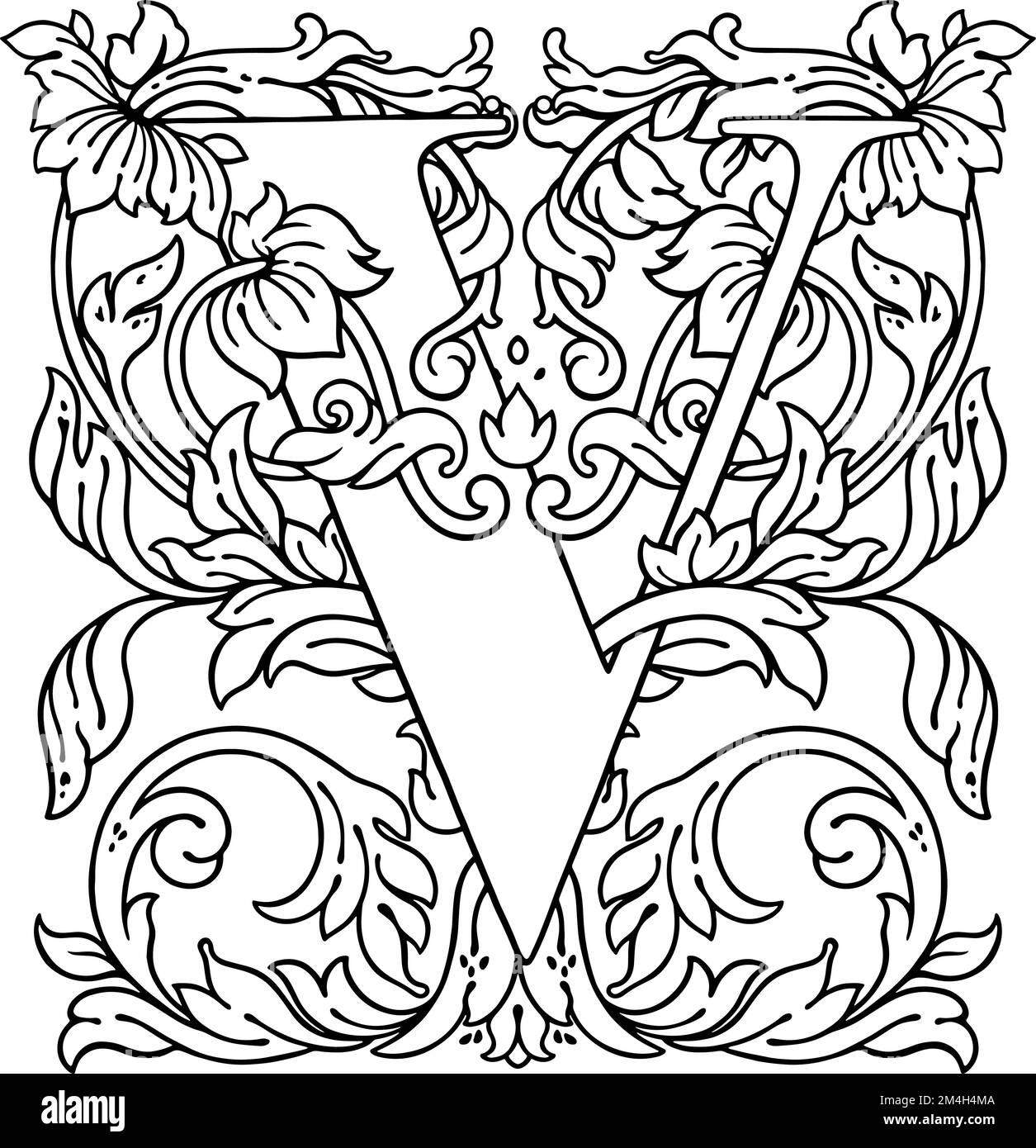 letter V flower ornament Monogram alphabet. Beautiful floral capital ...