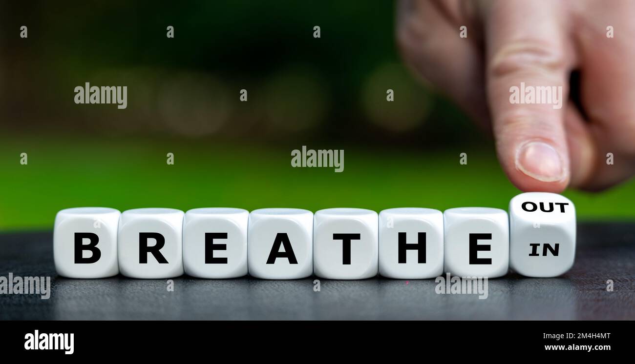 Dice form the expression 'breathe in' and 'breathe out' Stock Photo - Alamy
