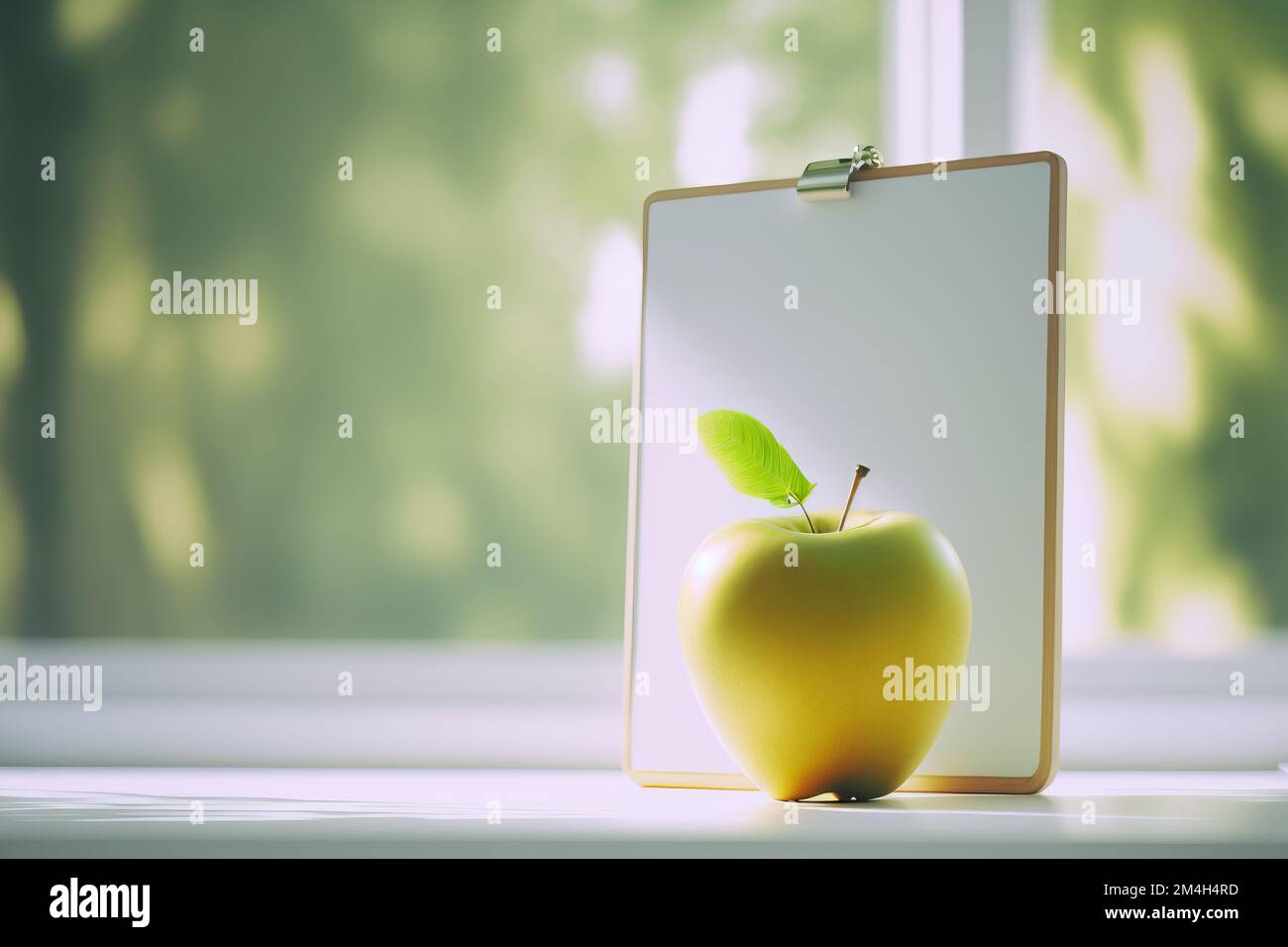 a yellow apple with a white empty board Stock Photo - Alamy