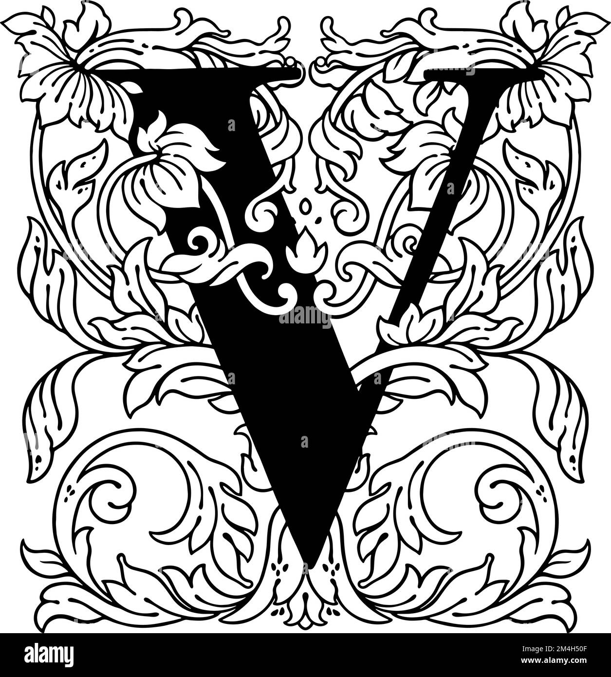 letter V flower ornament Monogram alphabet. Beautiful floral capital ...