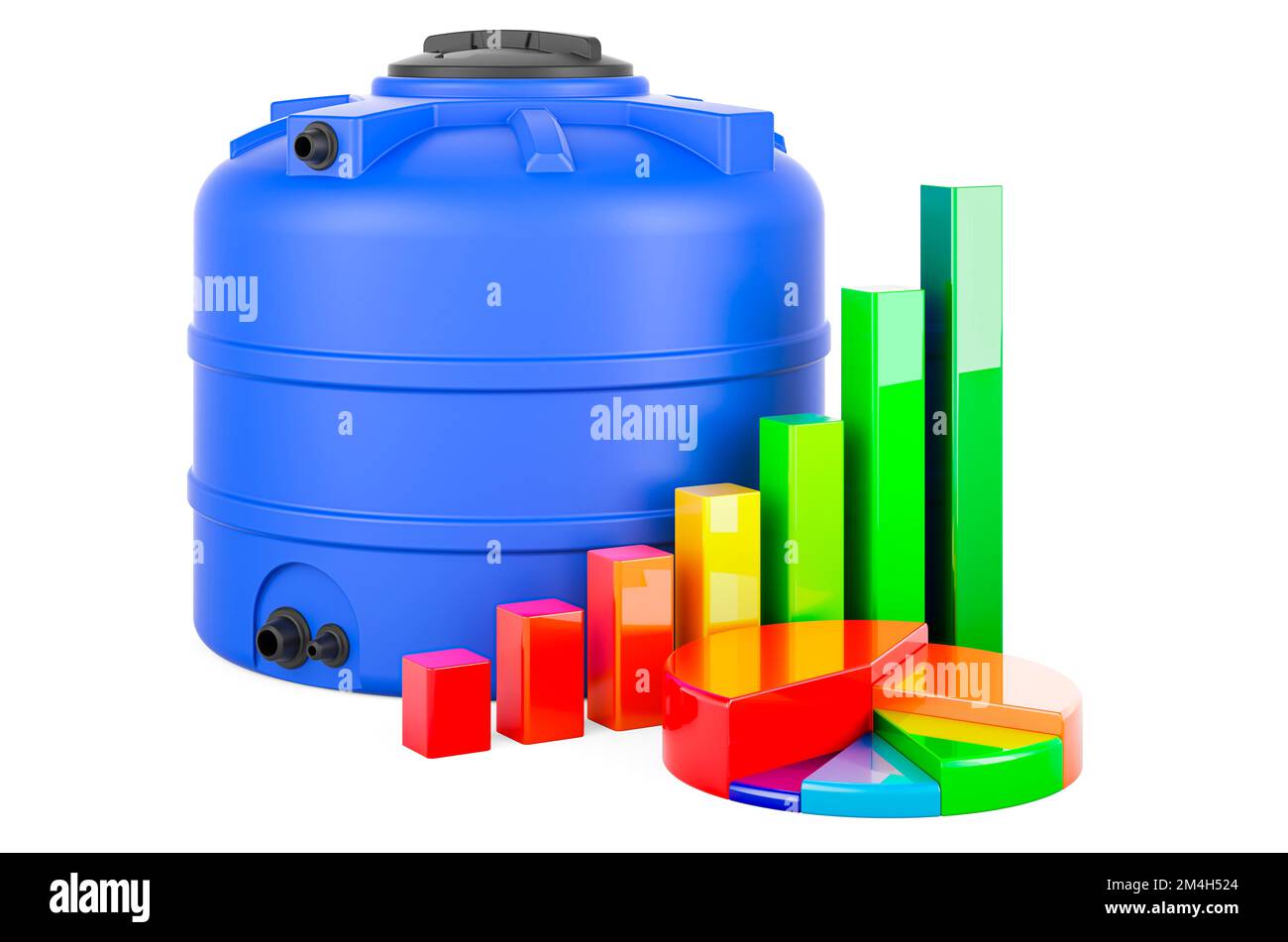 Plastic Water Tank with growth bar graph and pie chart, 3D rendering ...