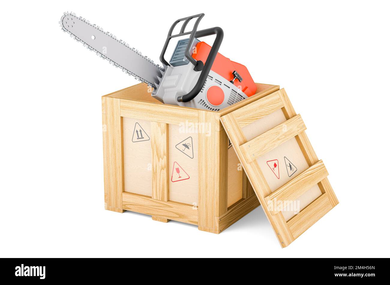 Chainsaw inside wooden box, delivery concept. 3D rendering isolated on ...