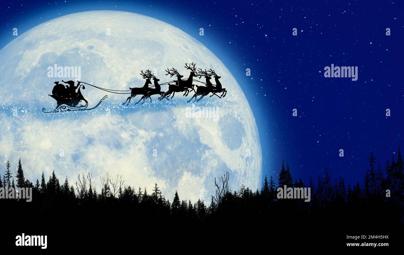 Santa Claus in a sleigh flying over the moon at night. Santa flies to ...