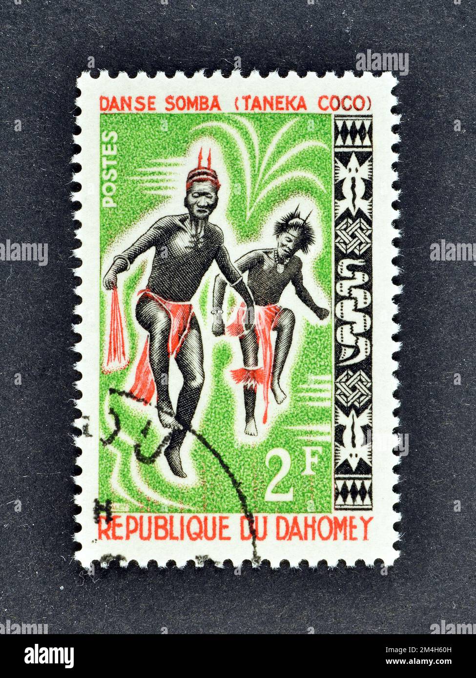 Cancelled postage stamp printed by Dahomey, that shows Somba Dance ...