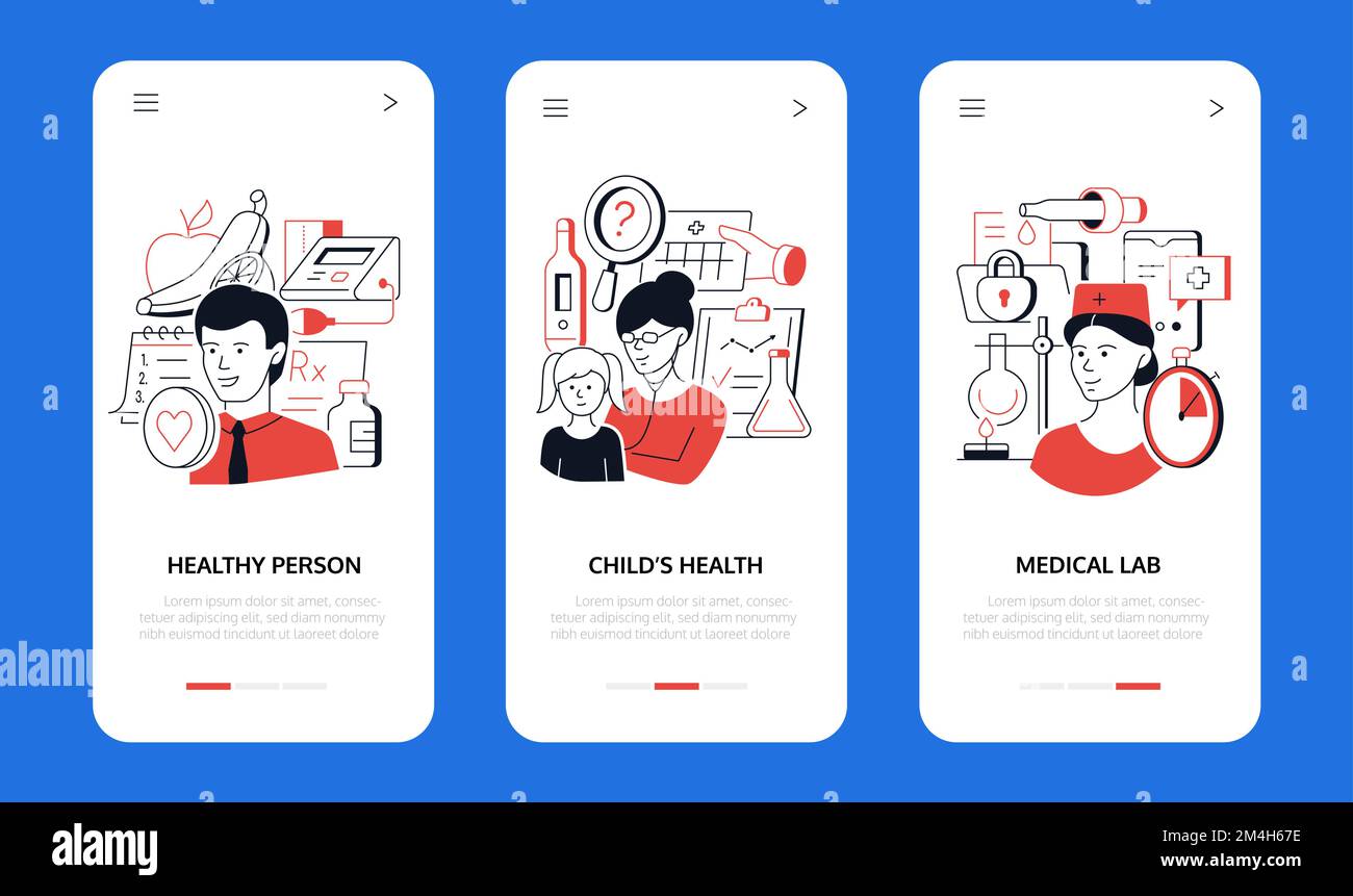 Healthy person and medicine - line design style banners set Stock ...