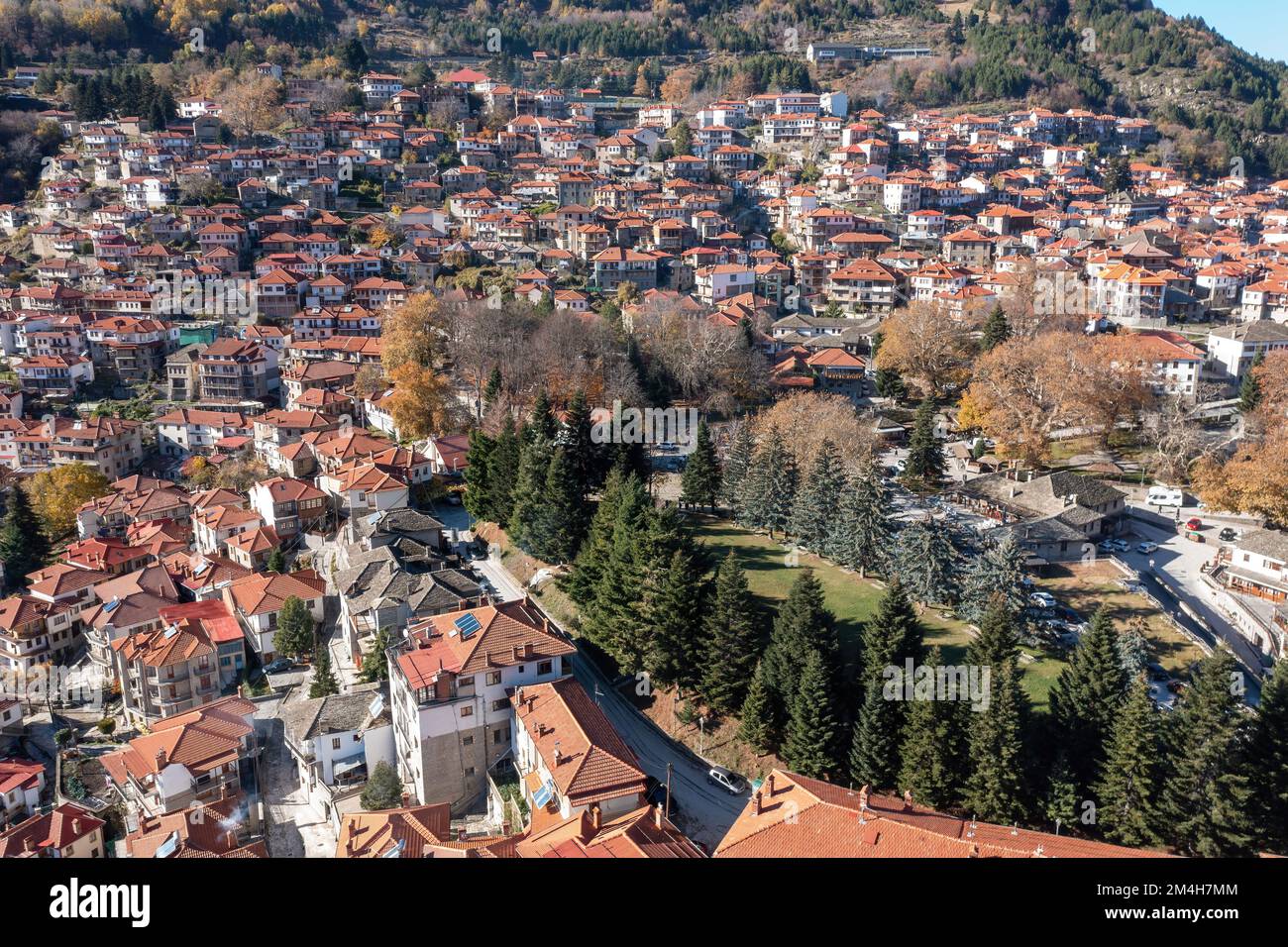 Greece. Metsovo village, Epirus. Aerial drone view of traditional red ...