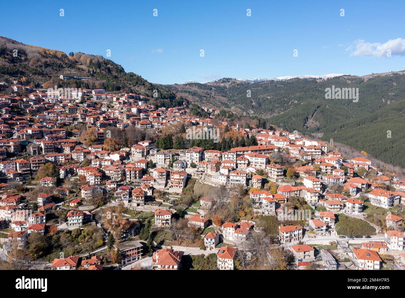 Greece. Metsovo village, Epirus. Aerial drone view of traditional red ...
