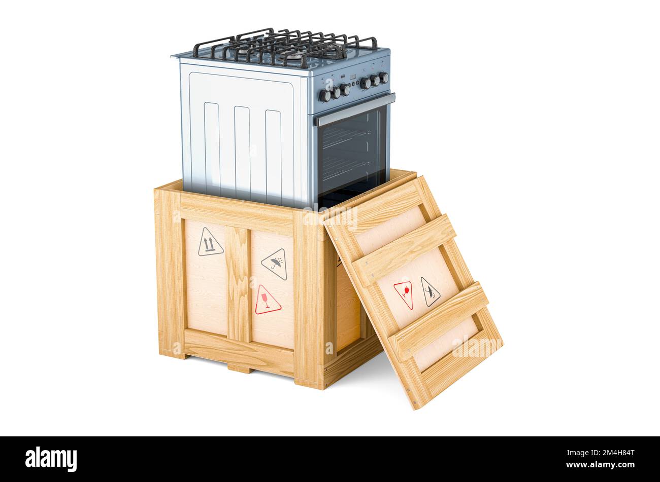 Gas range inside wooden box, delivery concept. 3D rendering isolated on ...