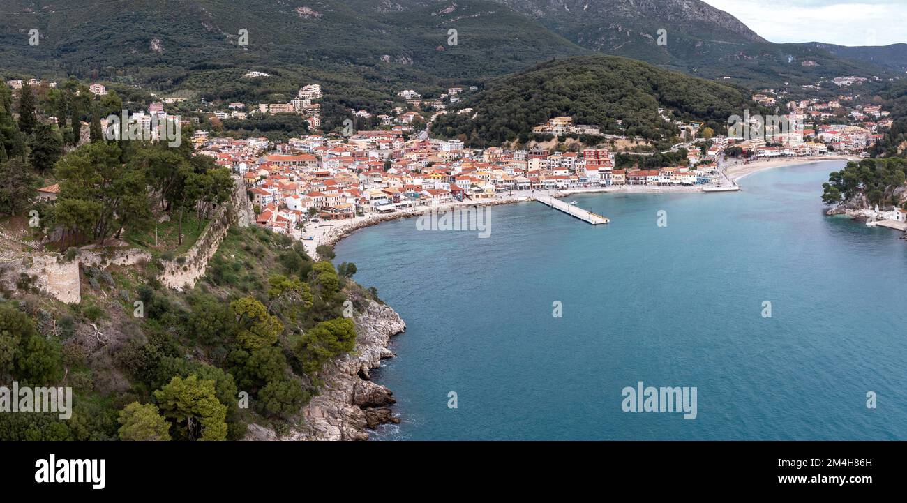 Greece destination Parga Epirus. Aerial drone view of waterfront Ionian ...