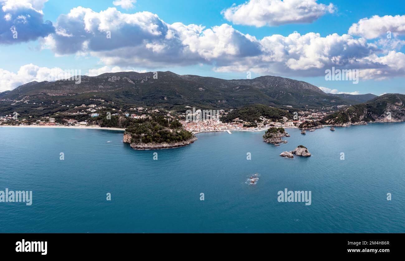 Greece Parga. Aerial drone view of traditional city on the coast, the ...