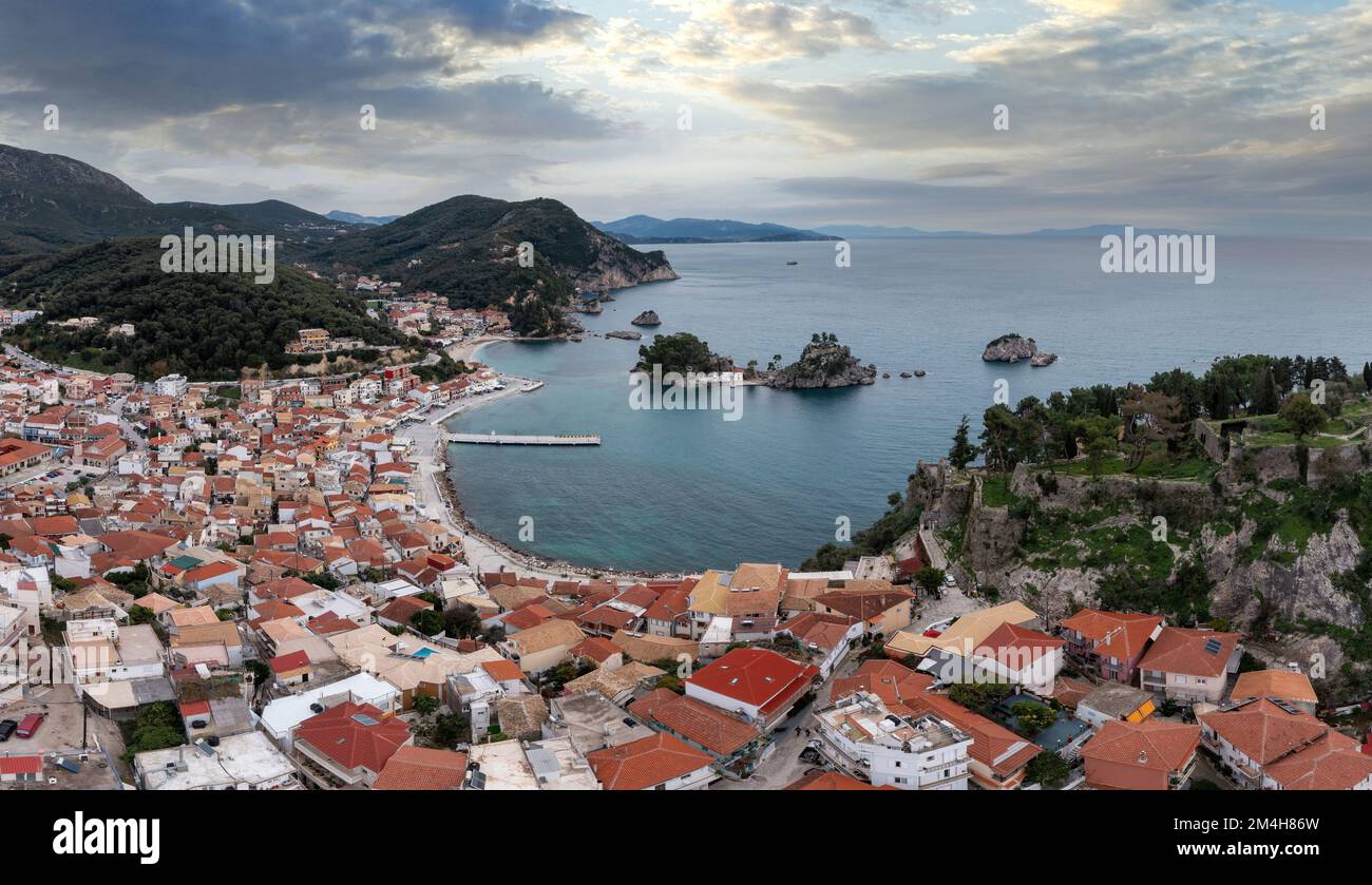 Parga city, Greece. Aerial drone view of the Castle ruins, the ...
