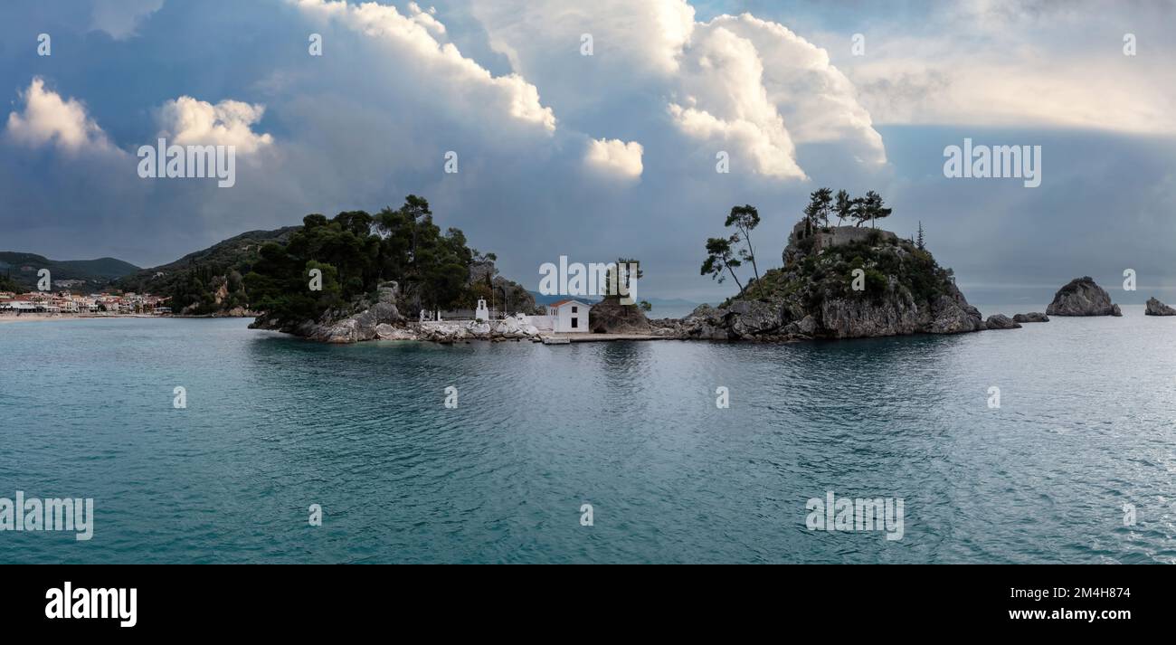 Greece Parga. Panagia island off the coast of Parga, small chapel and ...