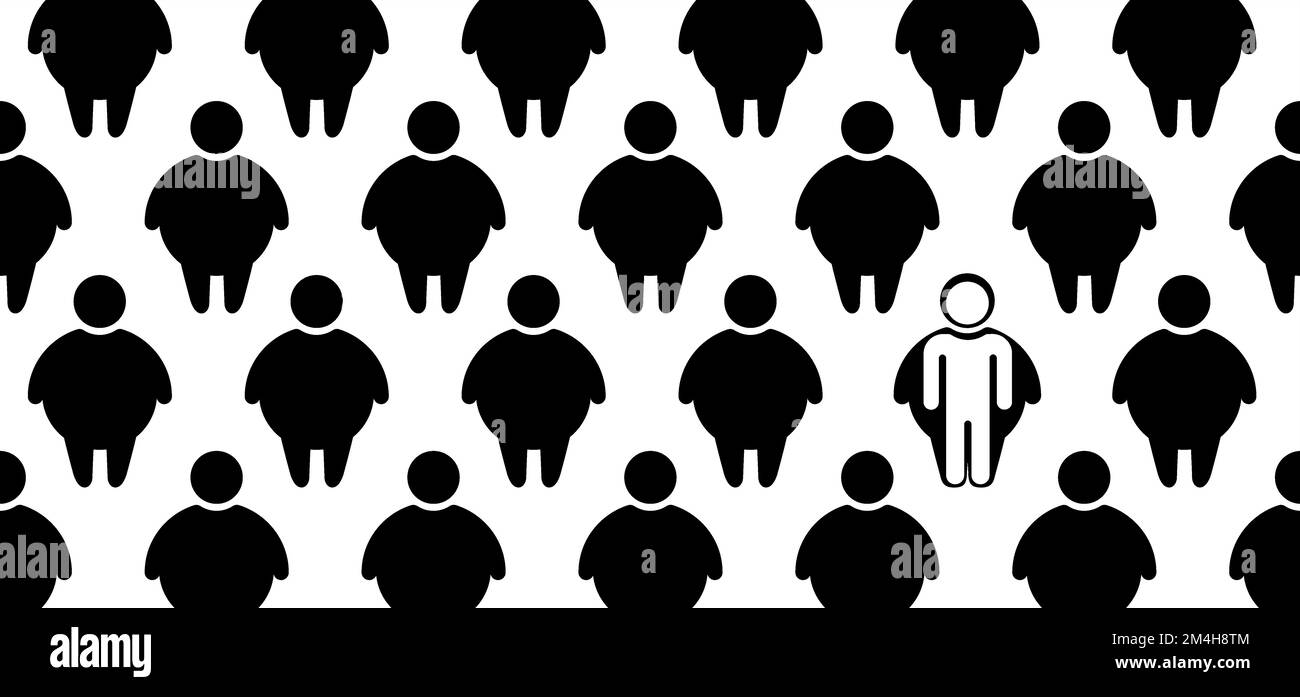 Cartoon world obesity day or celebration. Obese people on unhealthy ...