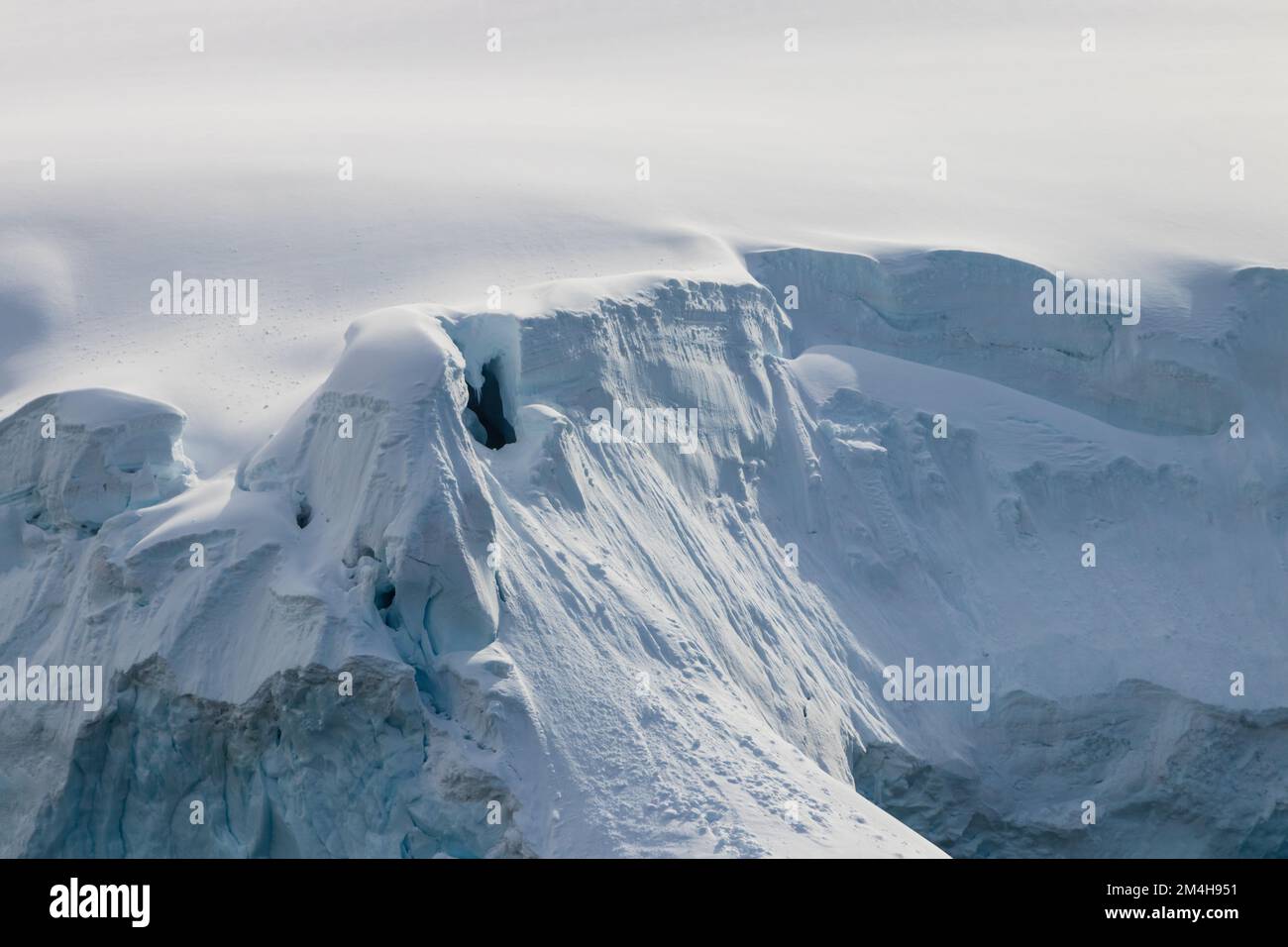 Closeup of blue and white ice, Antarctic Peninsula, with soft layer of ...