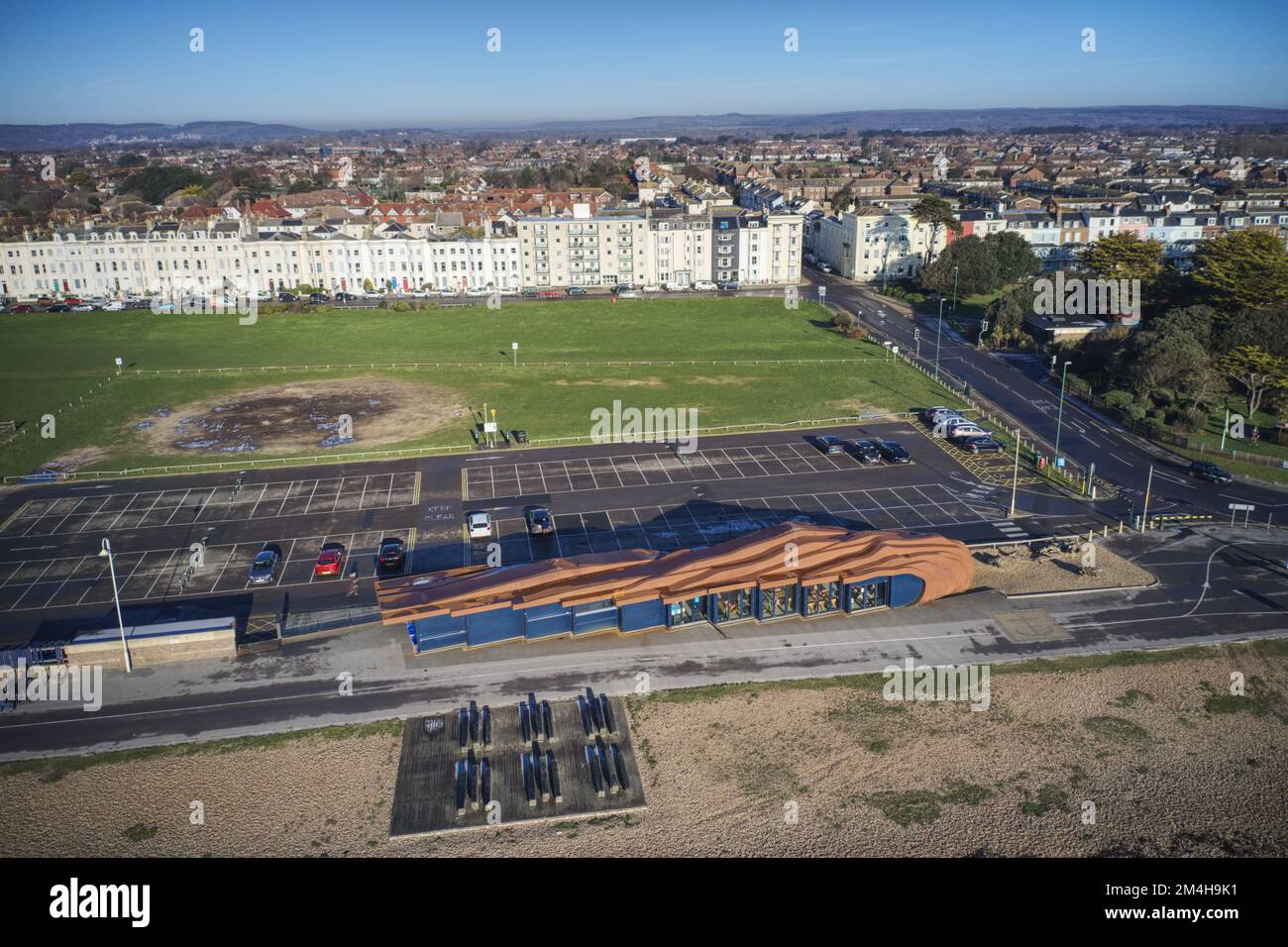 Aerial view of East Beach Park and Cafe in Littlehampton with Norfolk ...