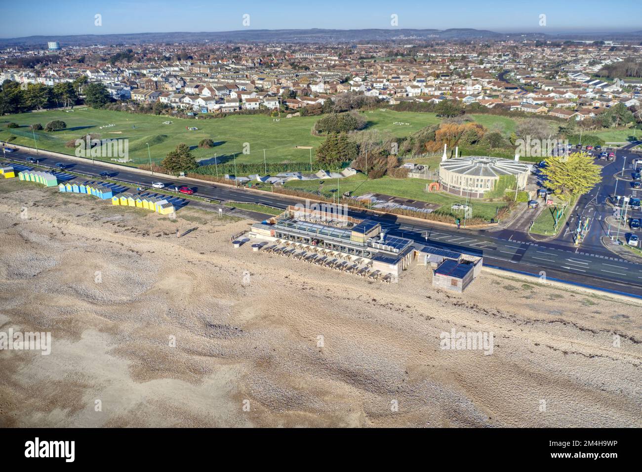 Aerial towards East Beach Pitch and Putt and Beach Cafe with the town ...