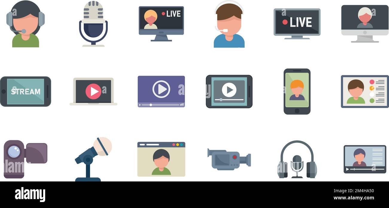 Stream icons set flat vector. Live streaming. Video watch isolated ...