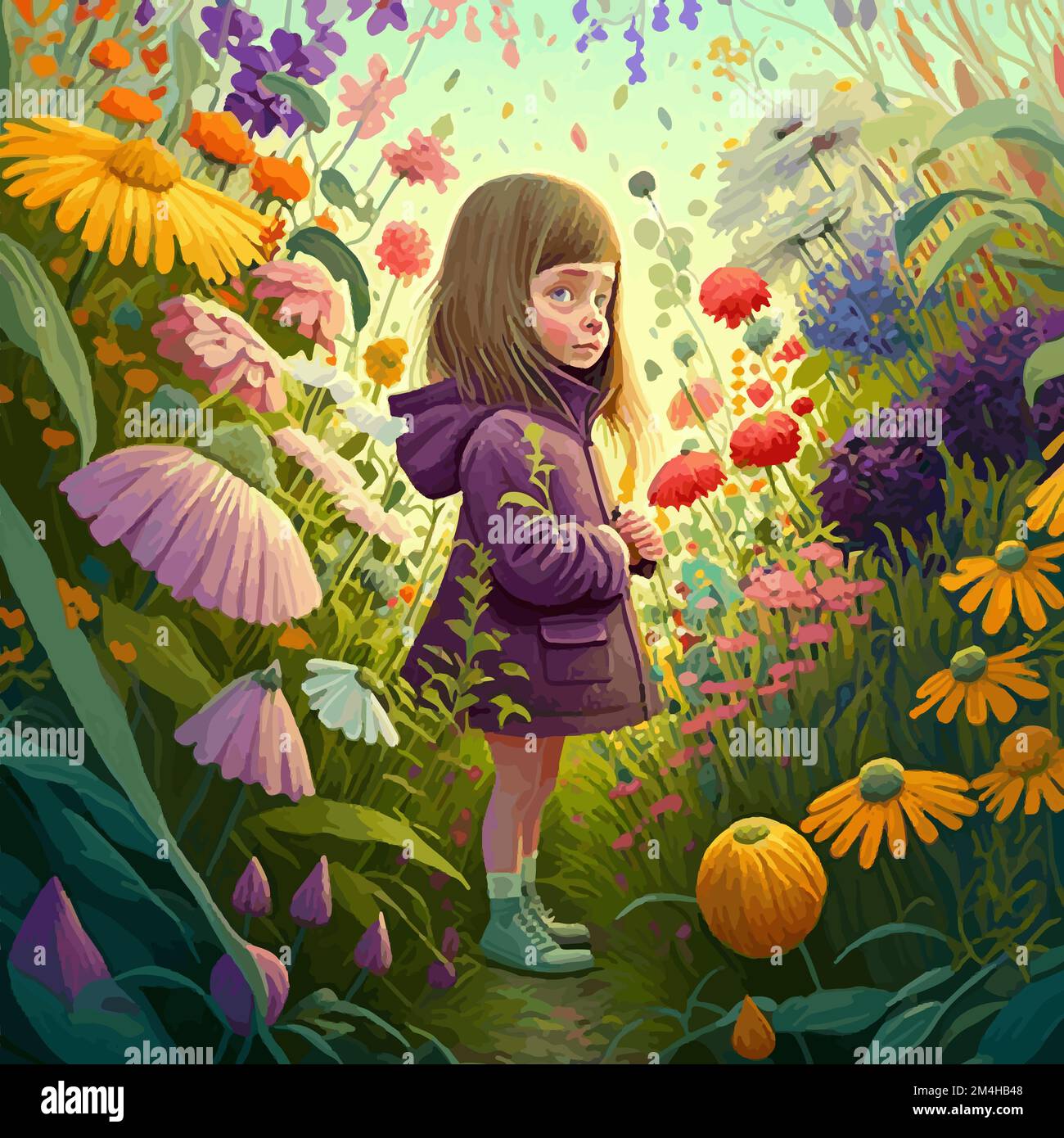 girl in a flower garden vector illustration Stock Photo - Alamy