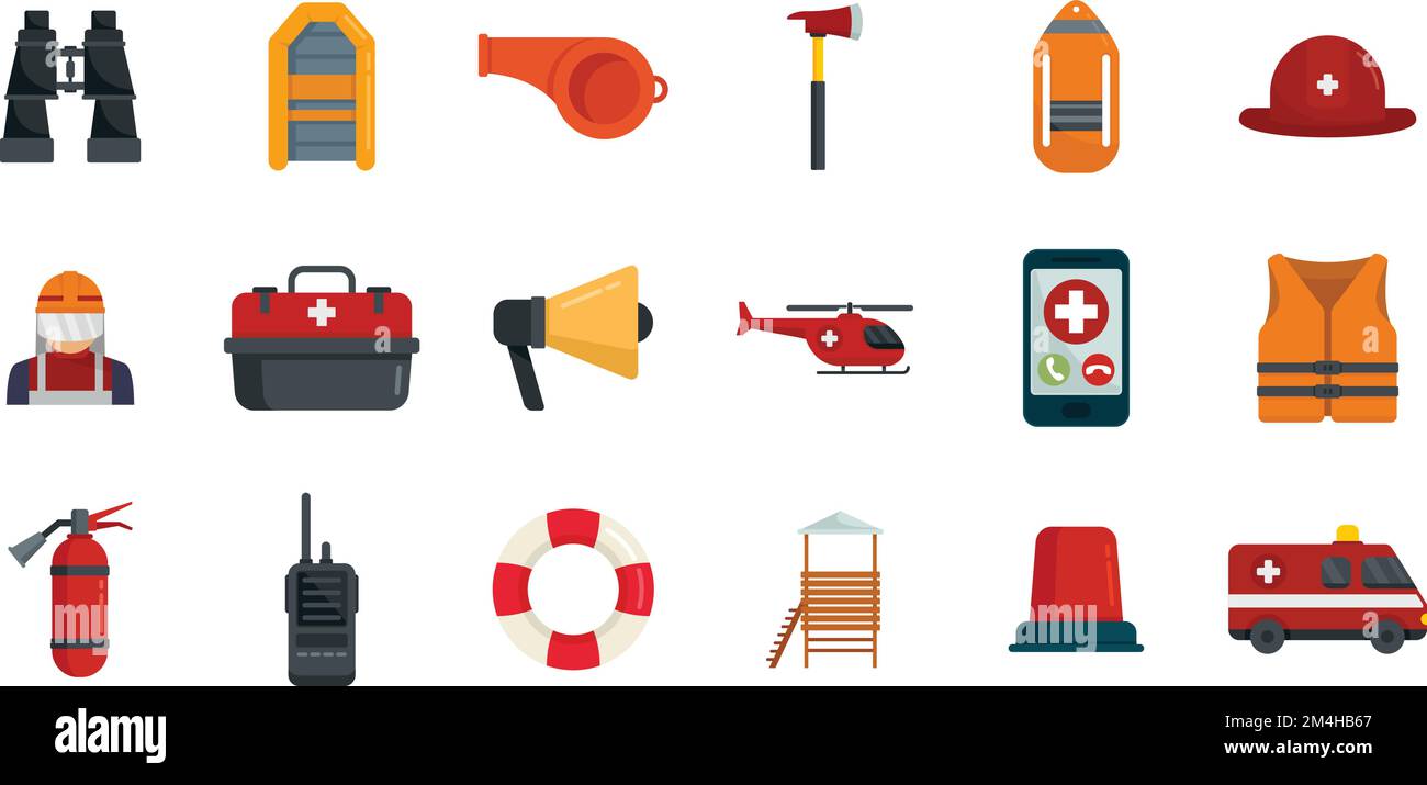 Rescuer icons set flat vector. Hurricane flood. People victim isolated ...