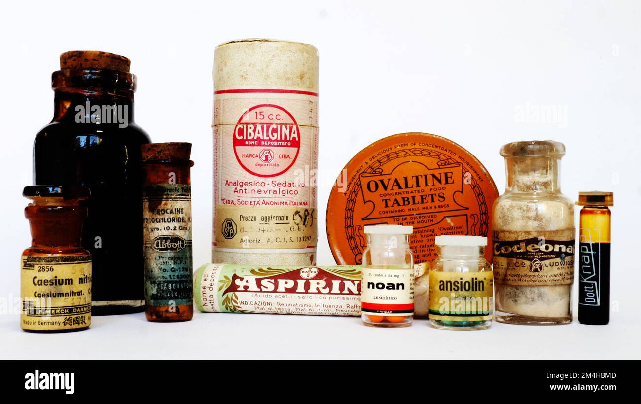 Vintage old medicines composition on white background Stock Photo - Alamy