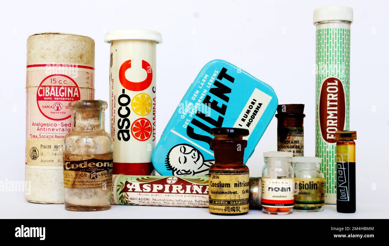 Vintage old medicines composition on white background Stock Photo - Alamy