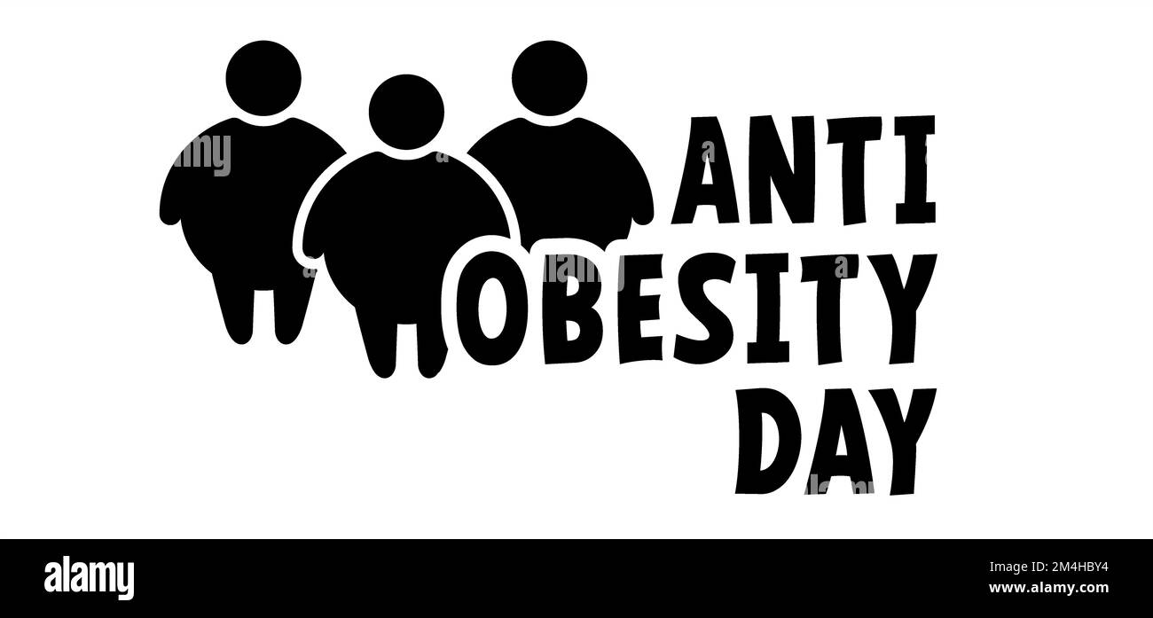 Cartoon world obesity day or celebration. Obese people on unhealthy ...