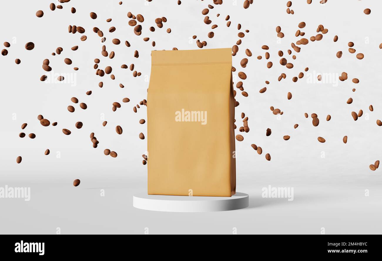 Paper pouch bag falling coffee beans white podium 3D rendering ...